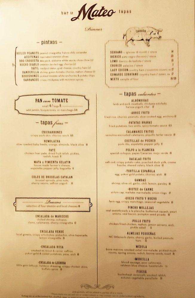 Menu at Mateo Bar de Tapas, Durham