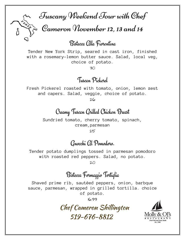 Menu at Molly & OJ's Restaurant, Erieau