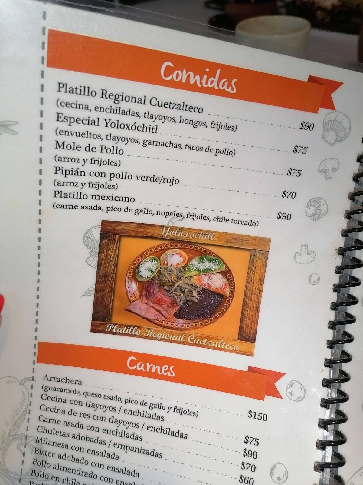 Carta de Restaurant Yoloxochitl., Ciudad de Cuetzalan