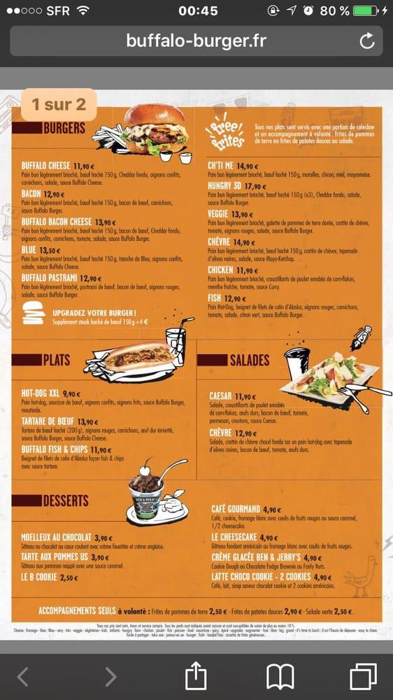 Menu at Buffalo Burger restaurant, Bordeaux