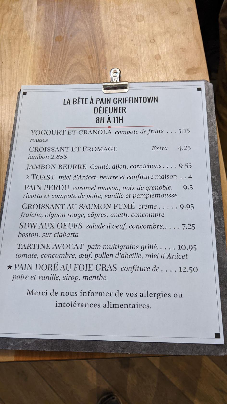 Menu at La Bête à Pain (Griffintown) cafe, Montréal, 195 Rue Young