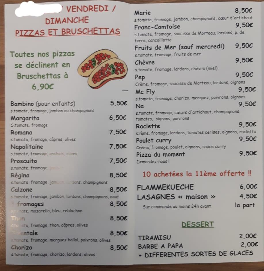 Menu at pizza Pep & Na restaurant, Vieilley