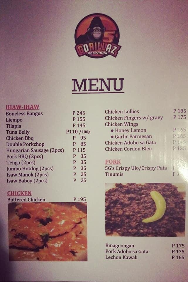 Menu at 5 Gorillaz restaurant, Marikina
