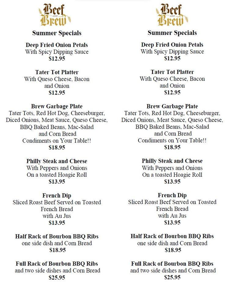 Menu at Beef & Brew restaurant, Geneva