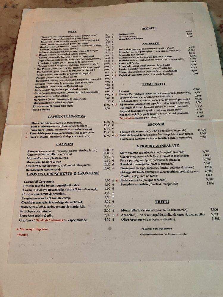 Menu at Casanova pizzeria, Lisbon