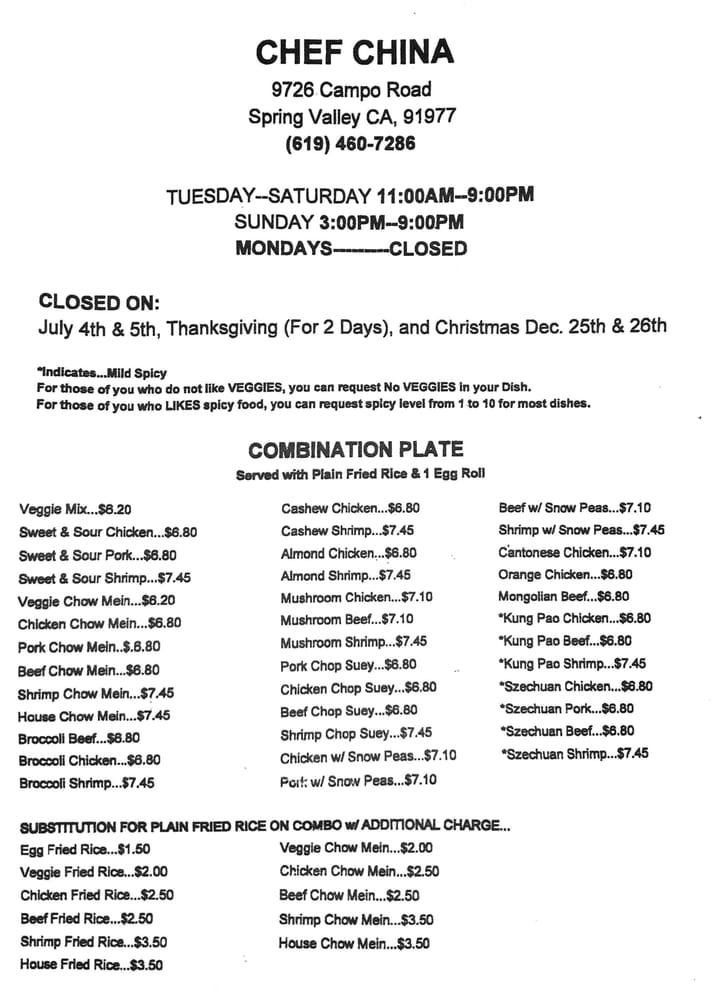 Menu at Chef China restaurant, Spring Valley, Campo Rd
