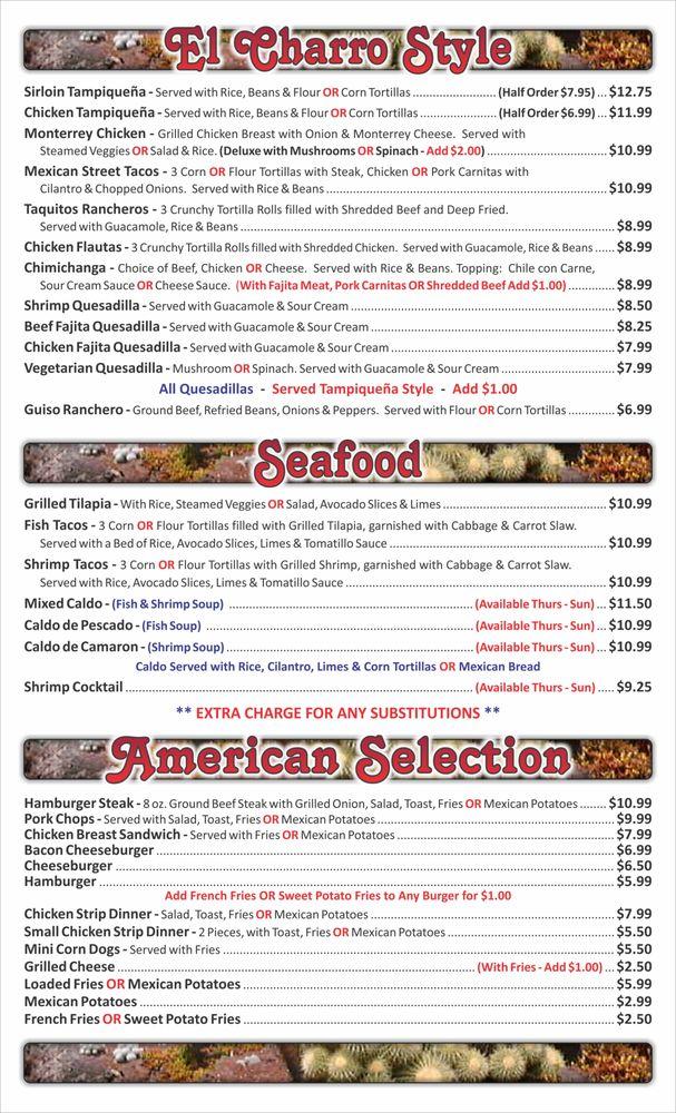 Menu at El Charro restaurant, Kingfisher