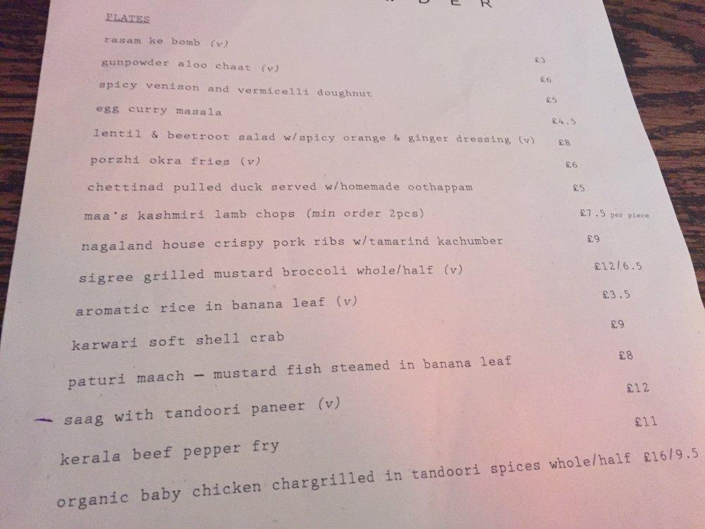 Menu at Gunpowder Spitalfields restaurant, London