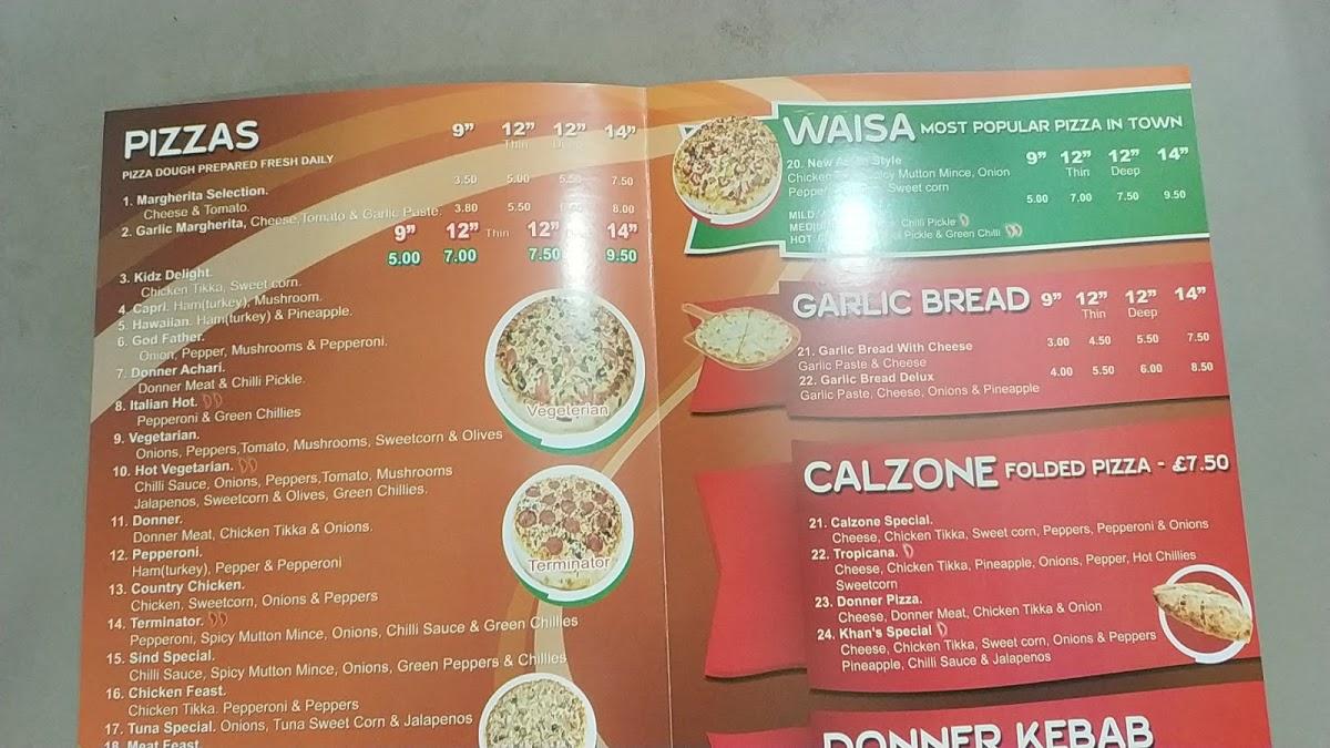 Menu at Khan's Pizza pizzeria, Oldham