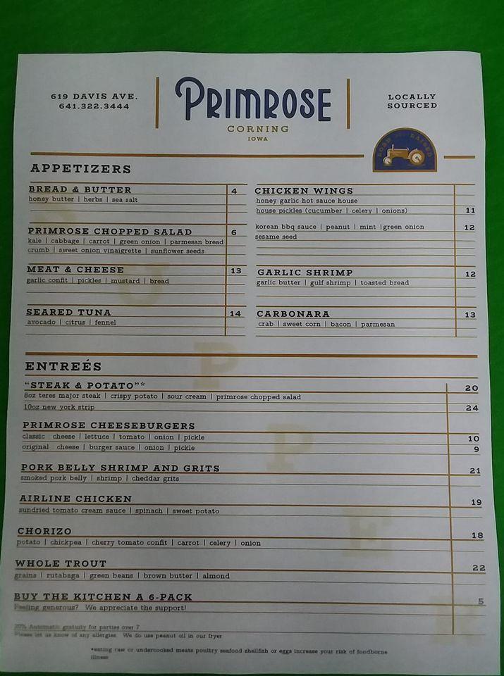 Menu at Primrose pub & bar, Corning