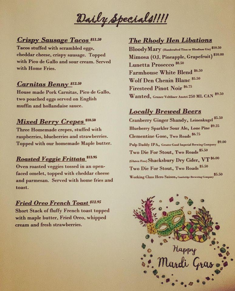 Menu at Rhody Hen Cafe, Pawtucket