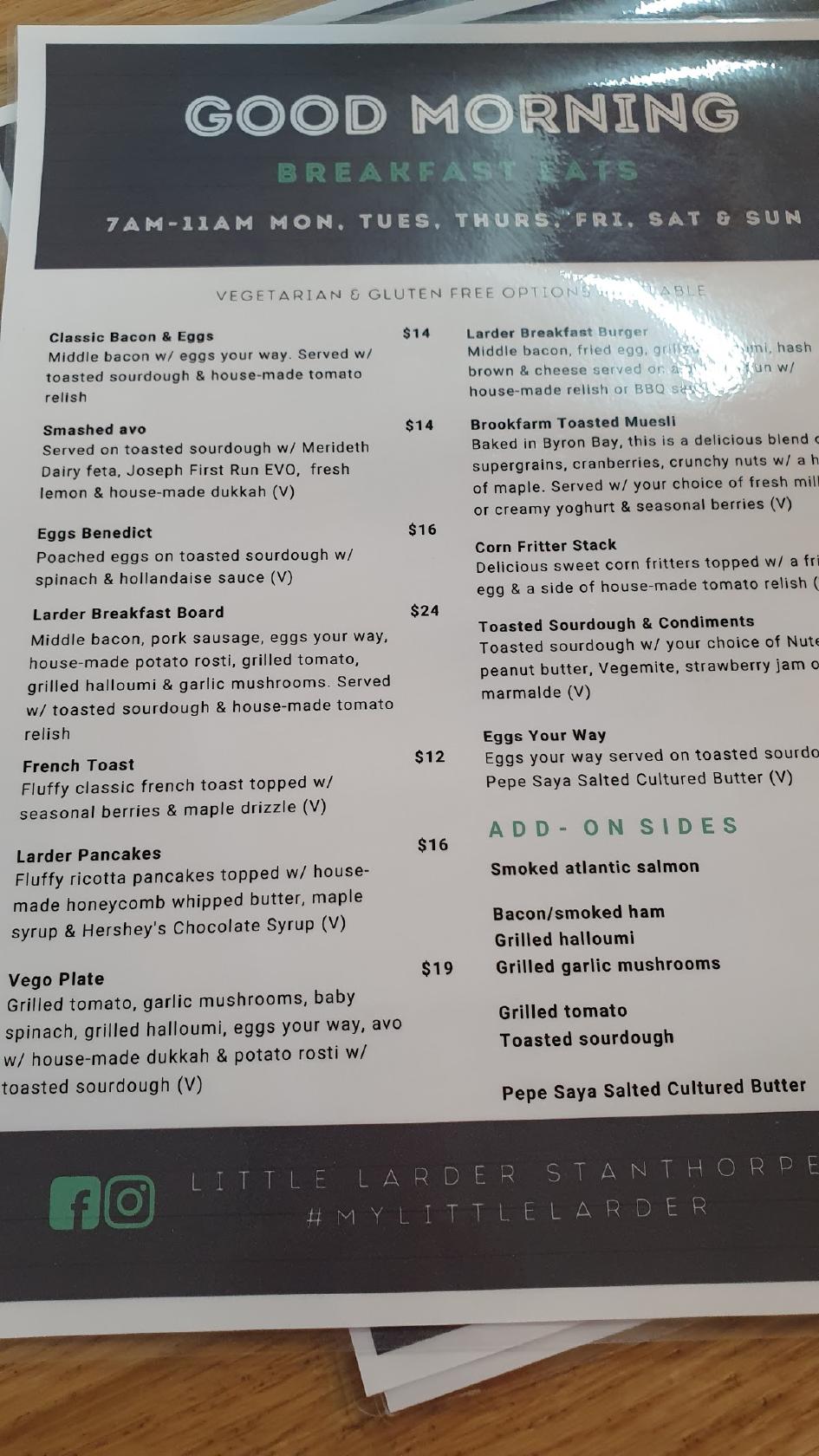 Menu at The Little Larder cafe, Stanthorpe