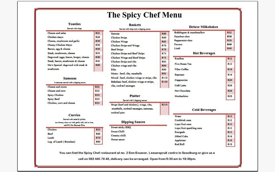 Menu at The Spicy Chef restaurant, Sasolburg