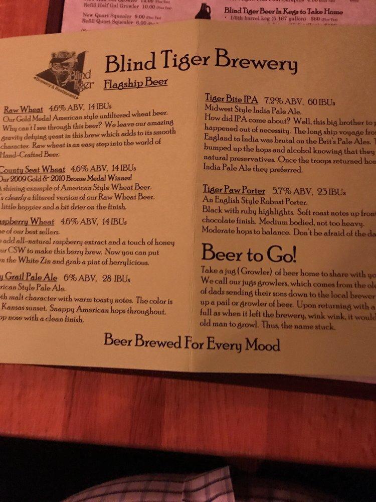 Menu at Blind Tiger Brewery & Restaurant, Topeka