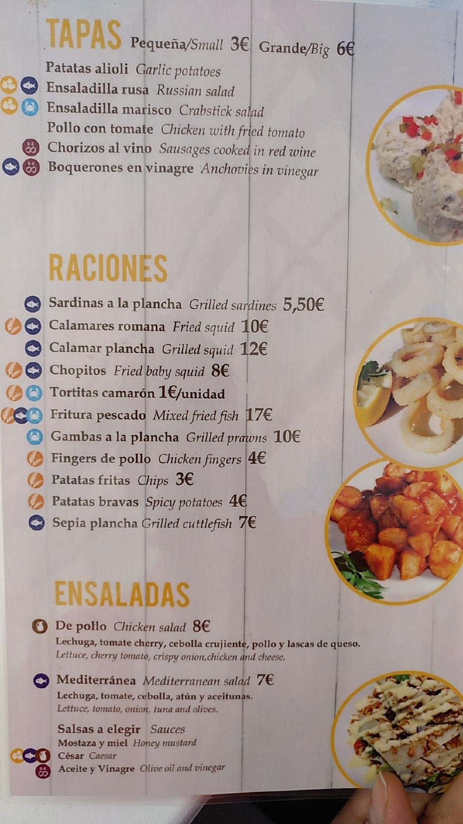 Carta del restaurante Chiringuito Juanito, Torrevieja