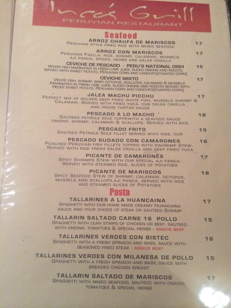 Menu at Incas Grill Peruvian Restaurant & Bar, Concord