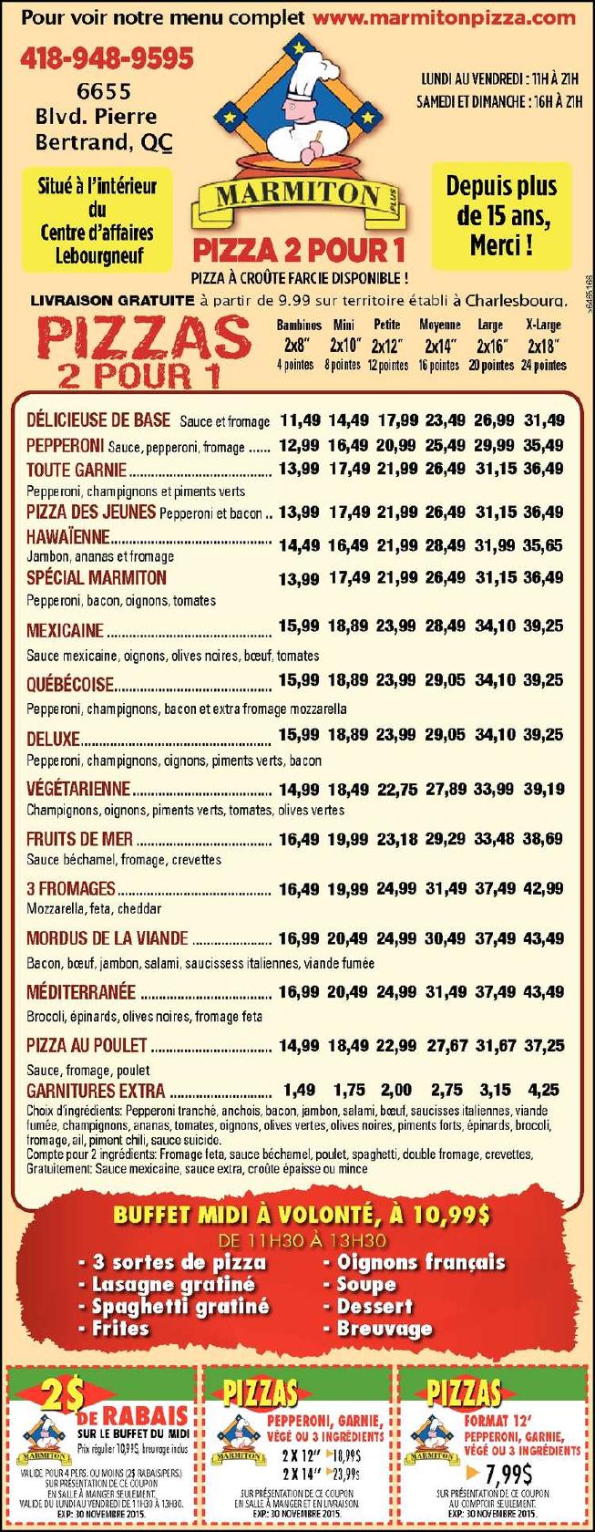 Menu au Marmiton Pizza 2 pour 1 pizzeria, Québec, Pierre-Bertrand Blvd