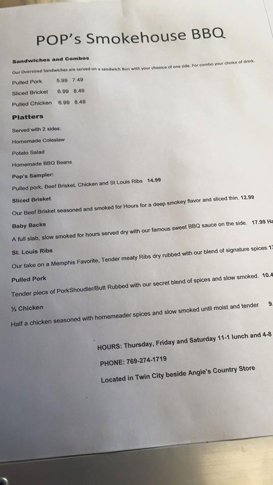 Menu at Pops Smokehouse BBQ, Carthage