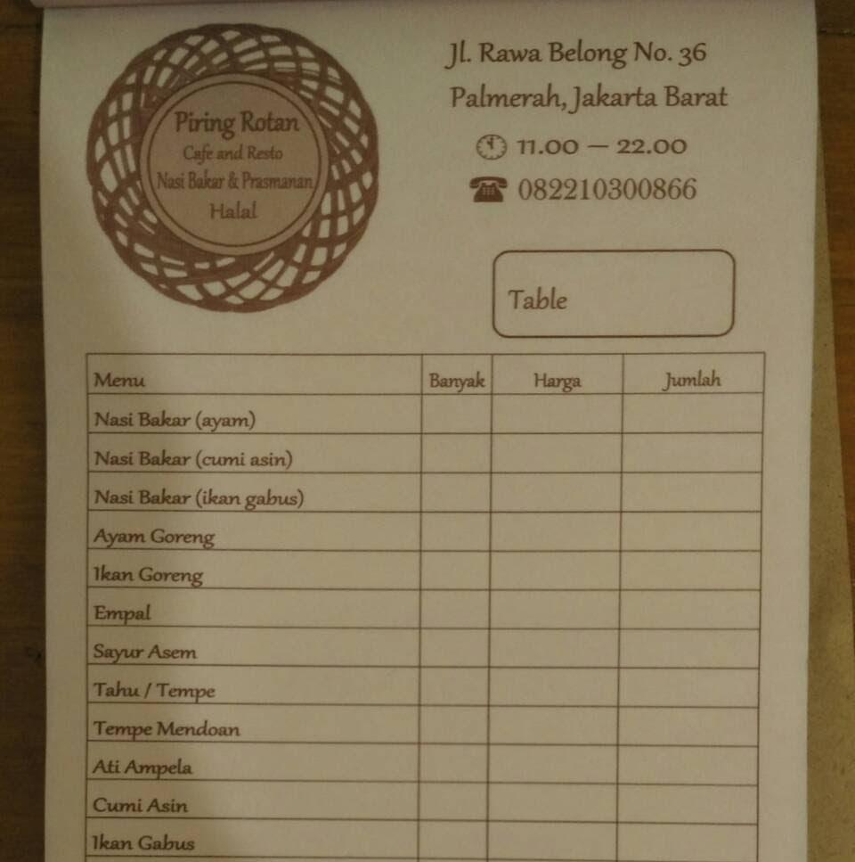 Menu at Piring Rotan restaurant, West Jakarta