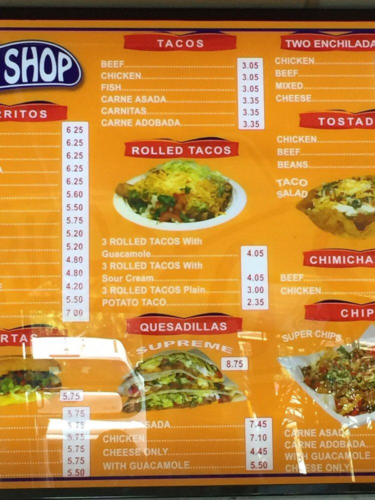 Menu at Rodrigo's Taco Shop restaurant, San Diego, H