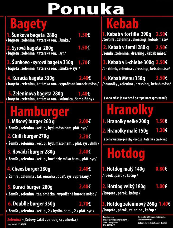 Menu at JR Burger restaurant, Dolný Kubín
