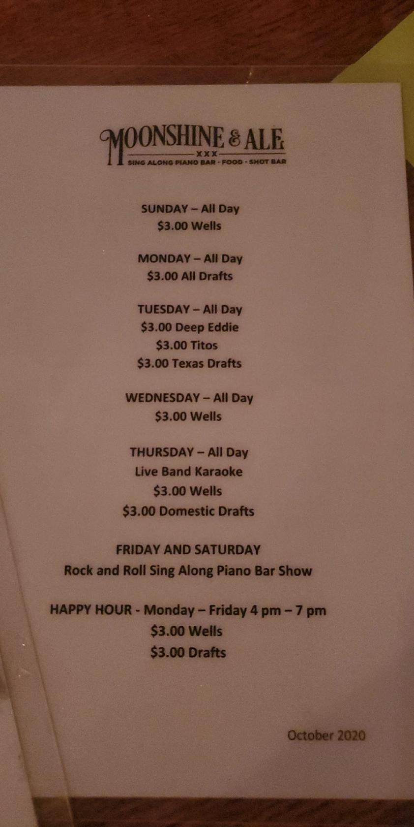 Menu at Moonshine & Ale pub & bar, New Braunfels