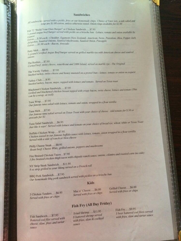 Menu at Pub 72, Gilberts