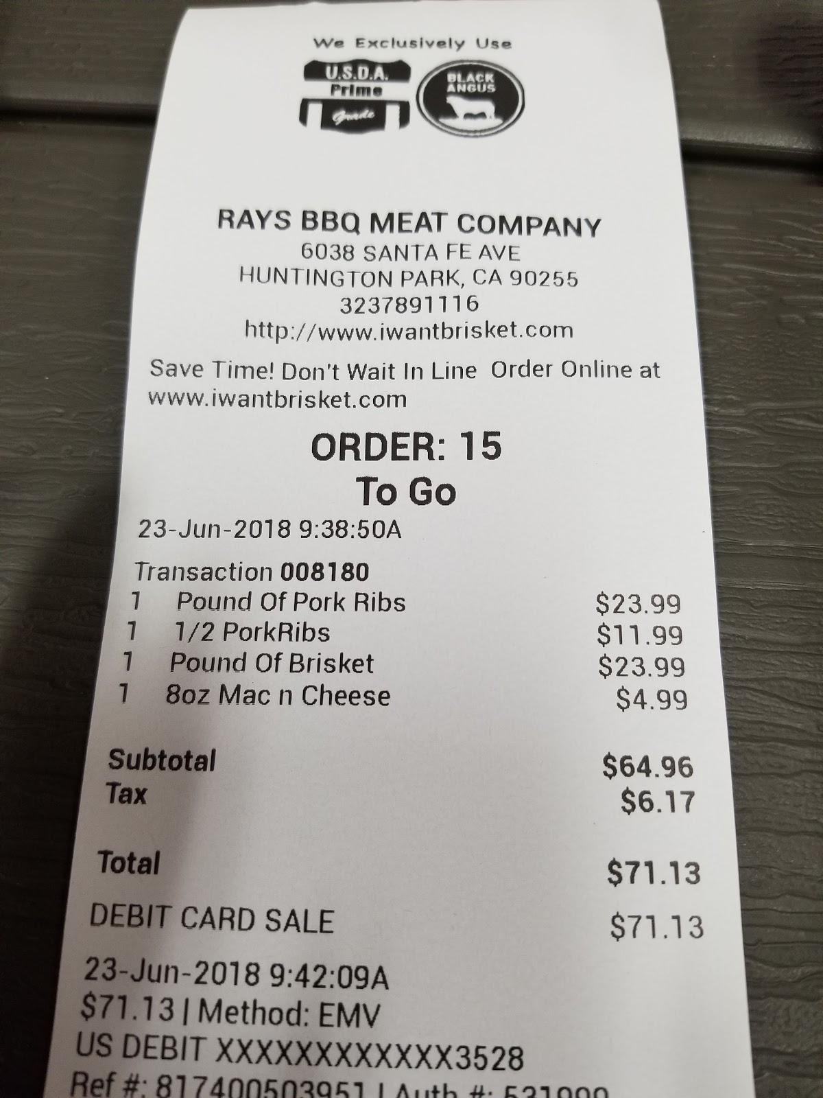 Menu at Ray's Texas Bbq, Huntington Park
