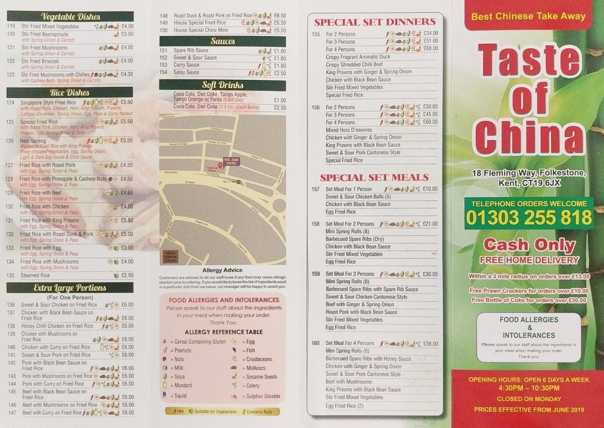Menu at Taste of China fast food, Folkestone