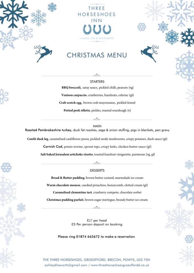 Menu at Three Horseshoes Inn pub & bar, Brecon, Groesfford