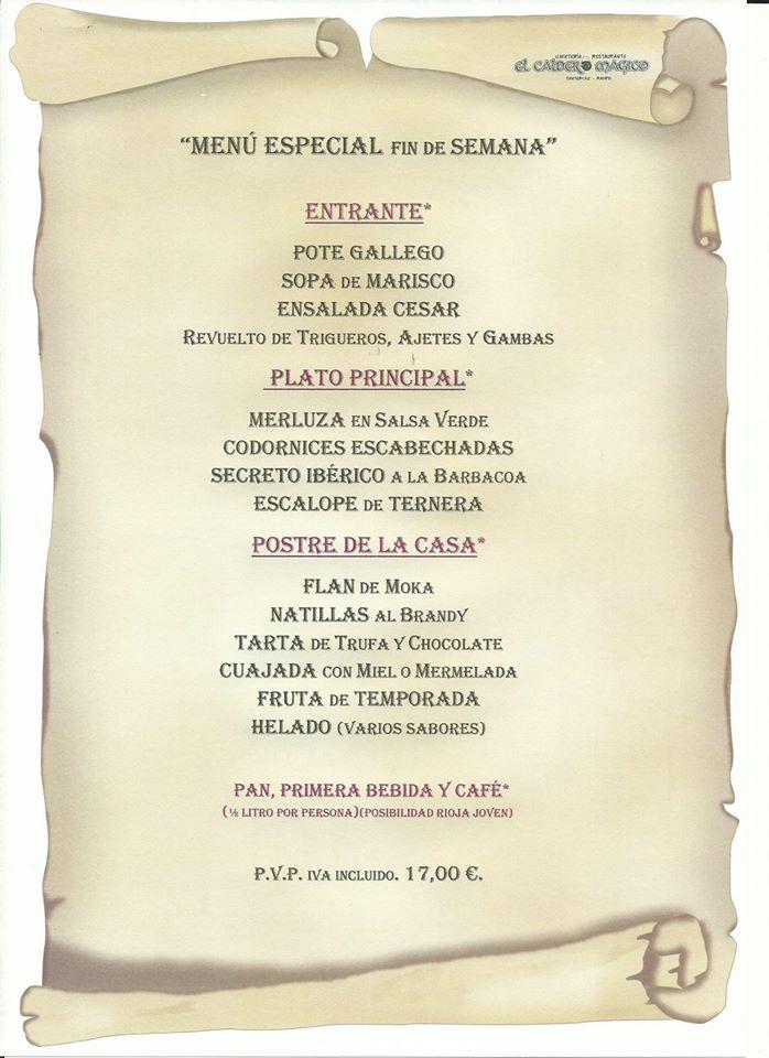Carta de Bar restaurante El Caldero Mágico, Santorcaz