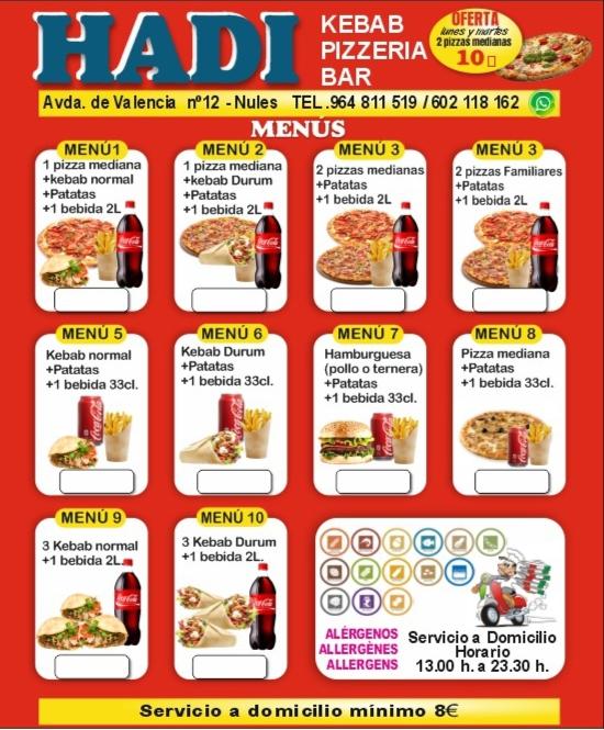 Carta de Hadi Kebab - Pizzeria, Nules