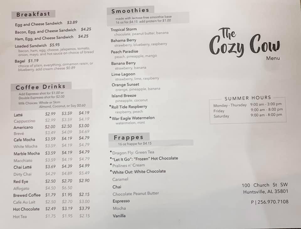 Menu at The Cozy Cow cafe, Huntsville