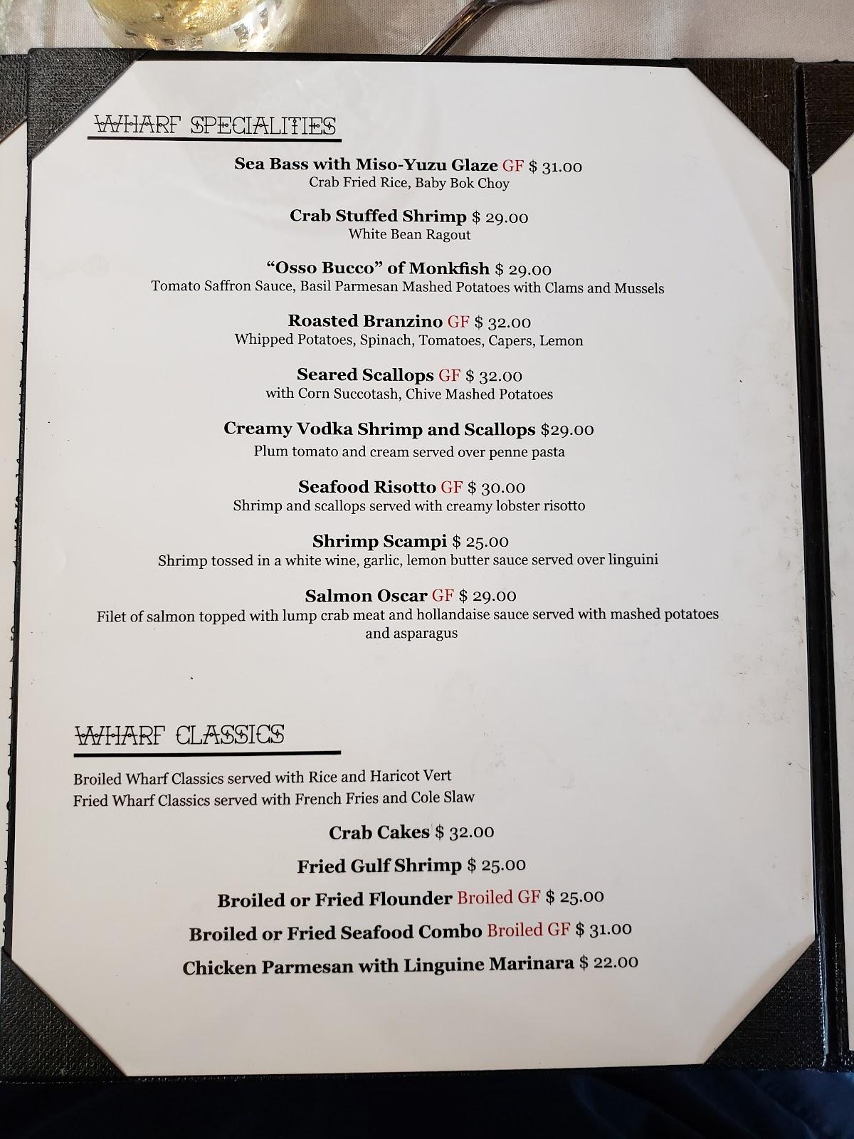 Menu at The Wharf restaurant, Wildwood
