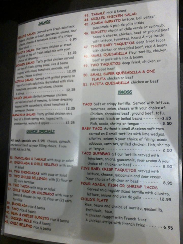 Carta de Valley Azteca Restaurant, Arcata