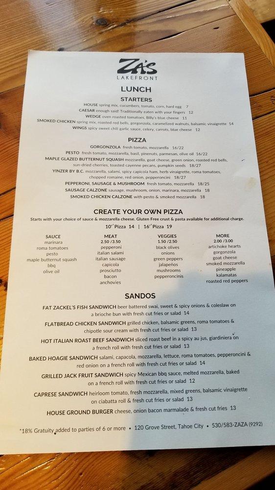 Menu at Za's Lakefront pub & bar, Tahoe City