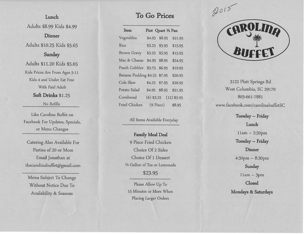 Menu at Carolina Buffet restaurant, West Columbia