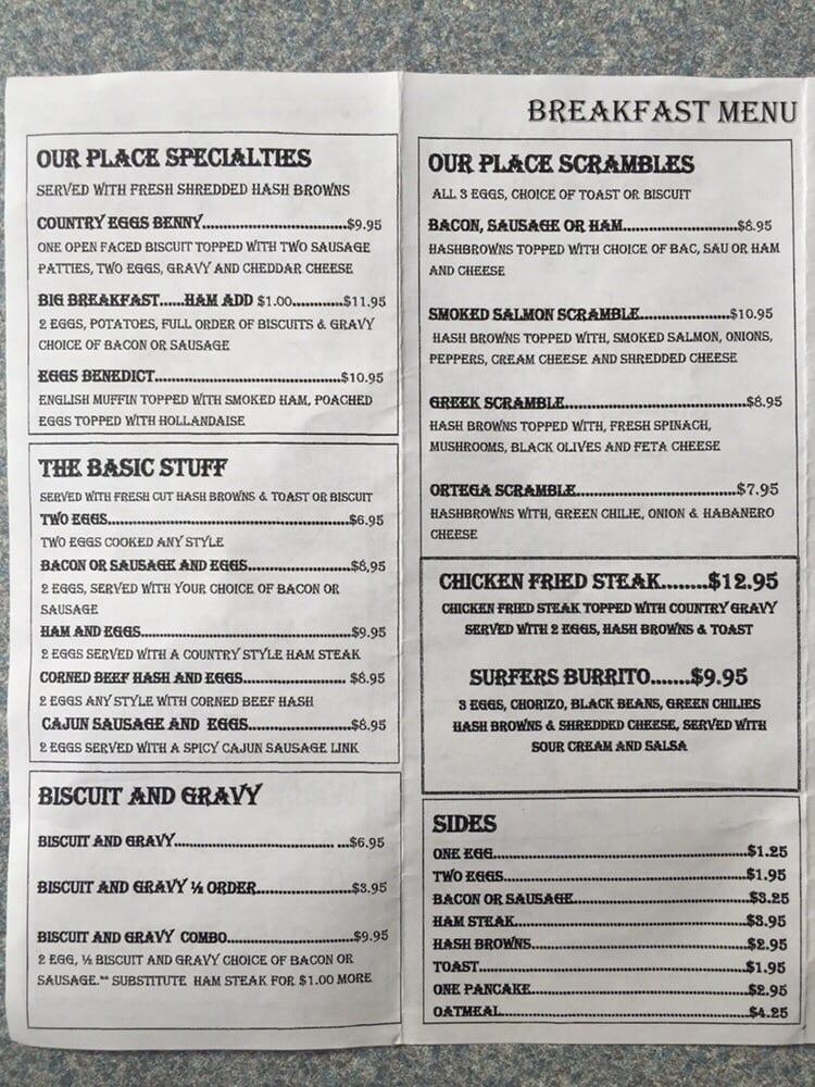 Menu at Our Place Restaurant, Ocean Shores