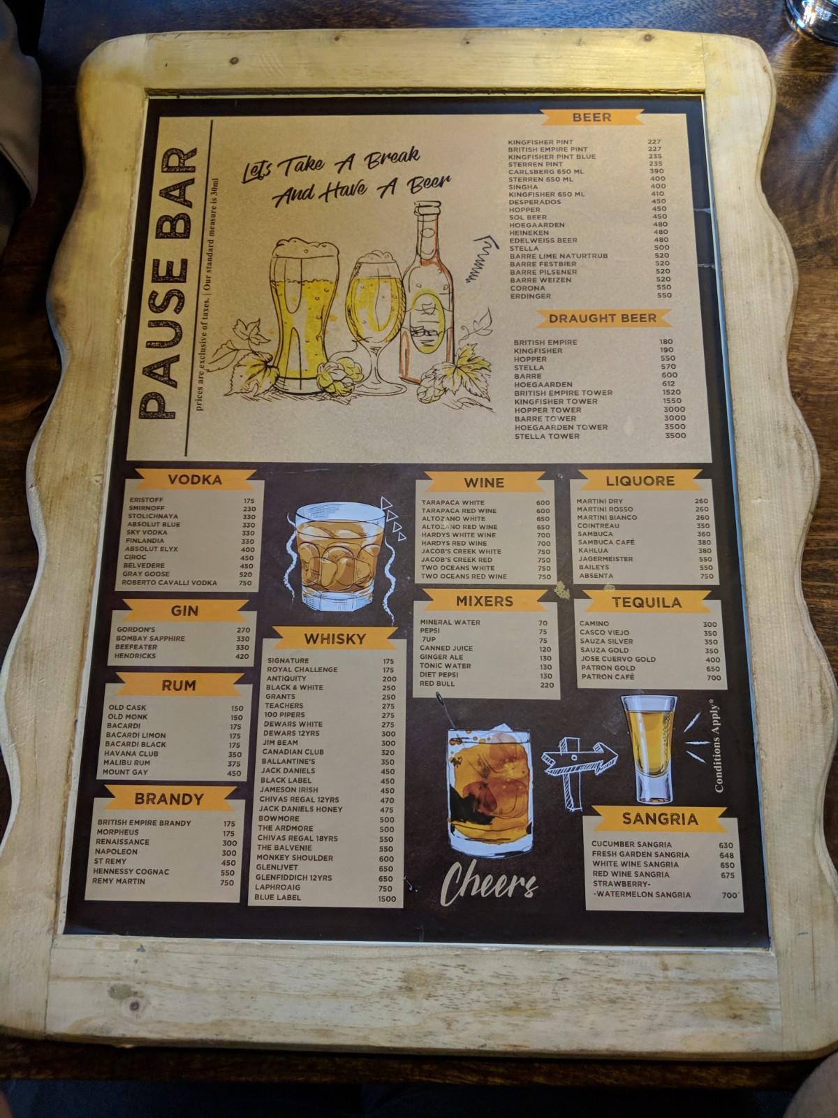 Menu at Pause Bar and Kitchen, Chennai, First Floor