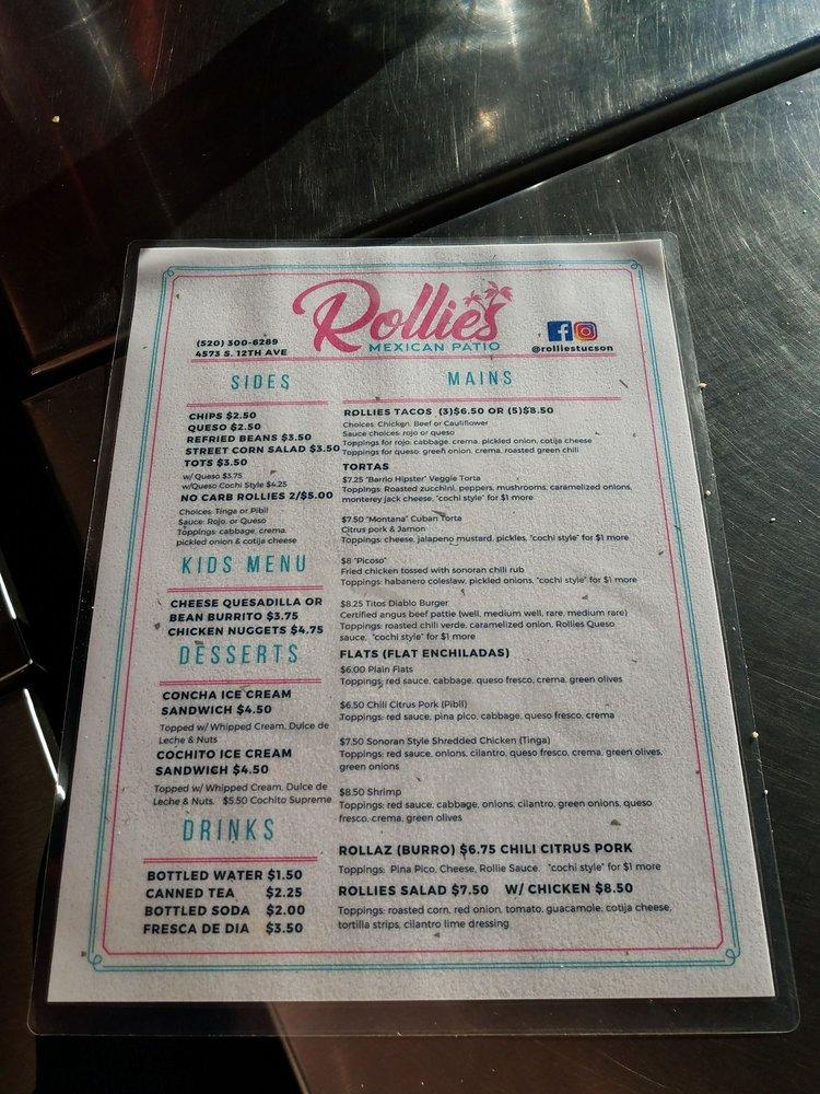Menu at Rollies Mexican Patio restaurant, Tucson, S 12th Ave