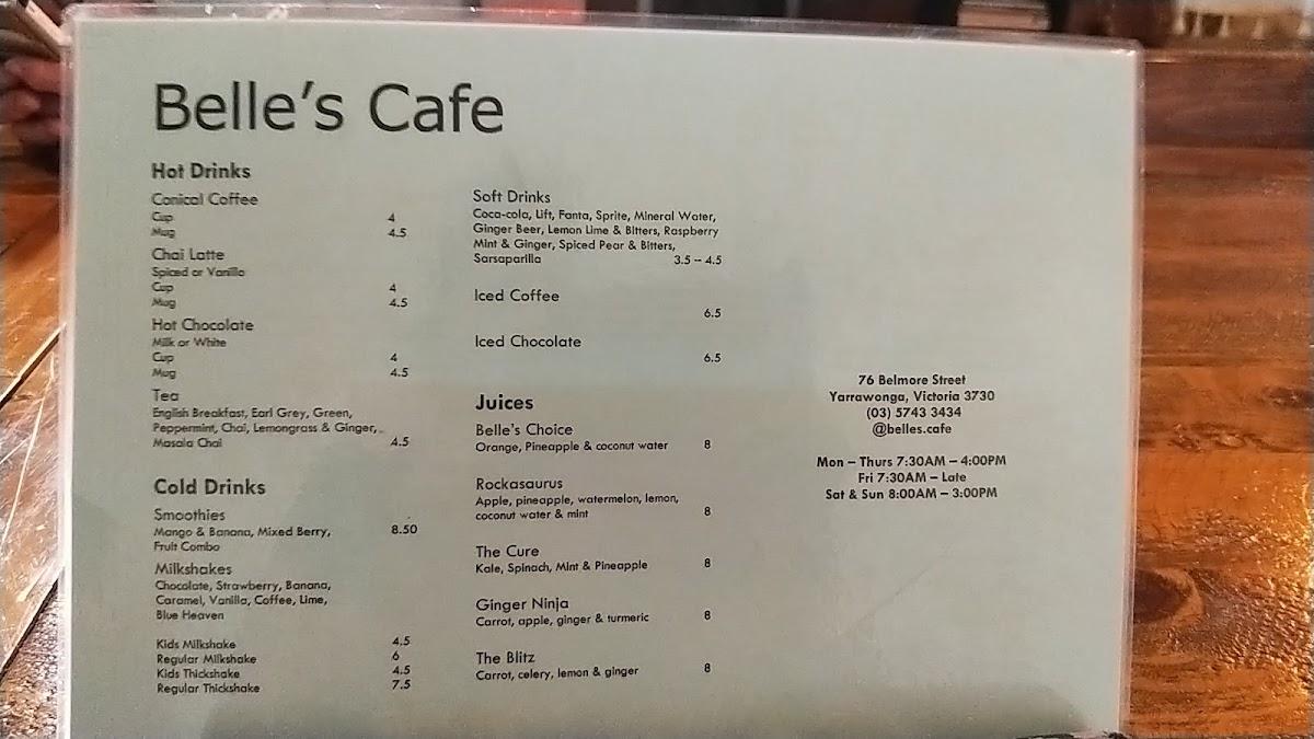 Menu at Belle's Cafe, Yarrawonga