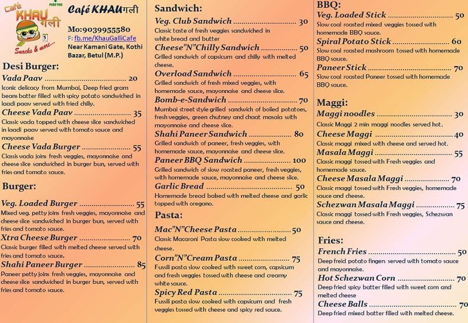 Menu at Cafe Khau Galli, Betul