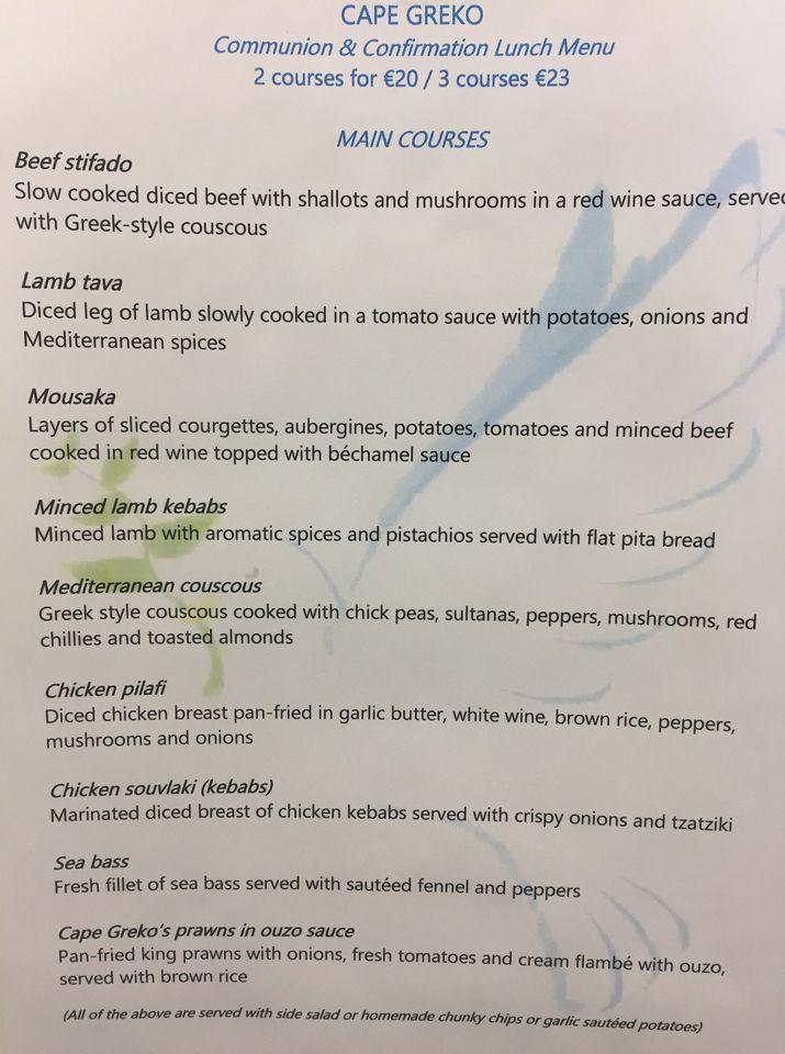 Menu at Cape Greko Greek & Cypriot restaurant, Malahide