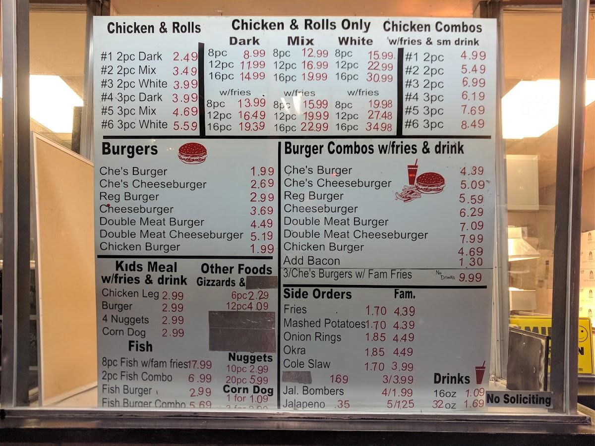 Menu at Che's Chicken & Burgers fast food, San Antonio