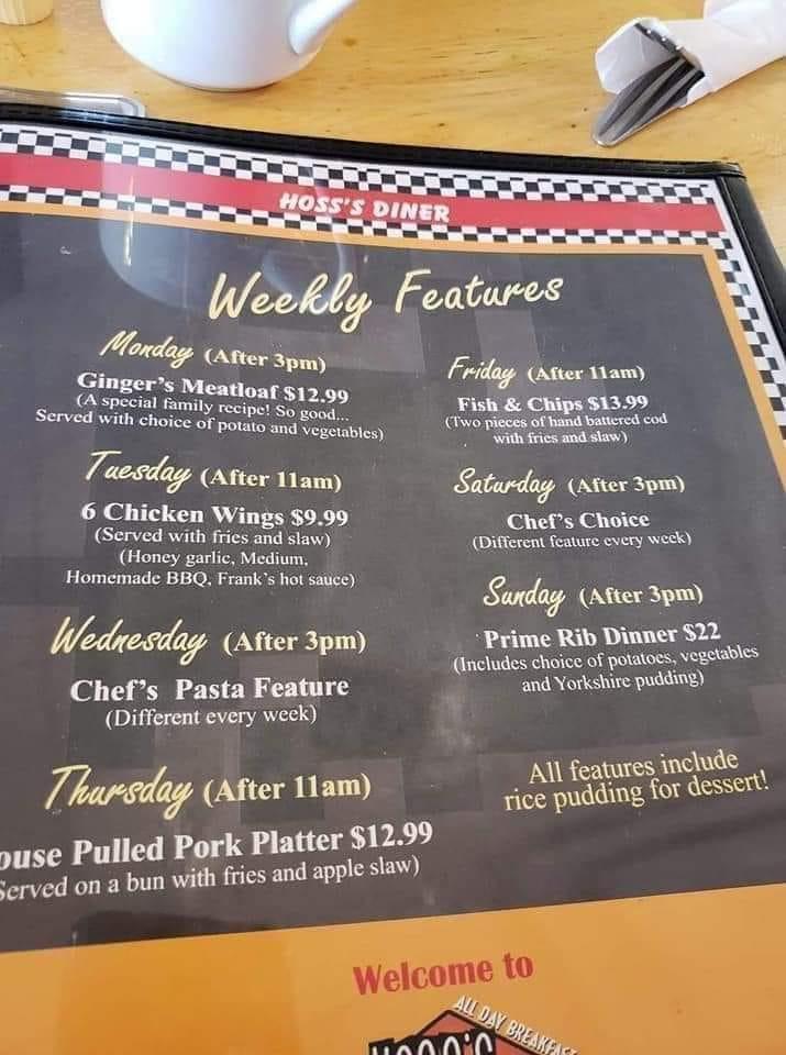 Menu at Hoss's Diner restaurant, Quinte West