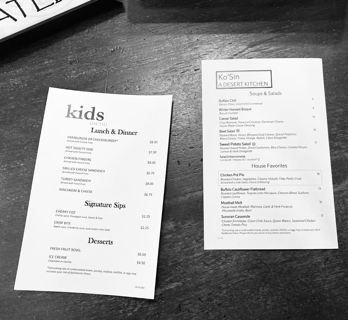 Menu at Ko'sin restaurant, Phoenix