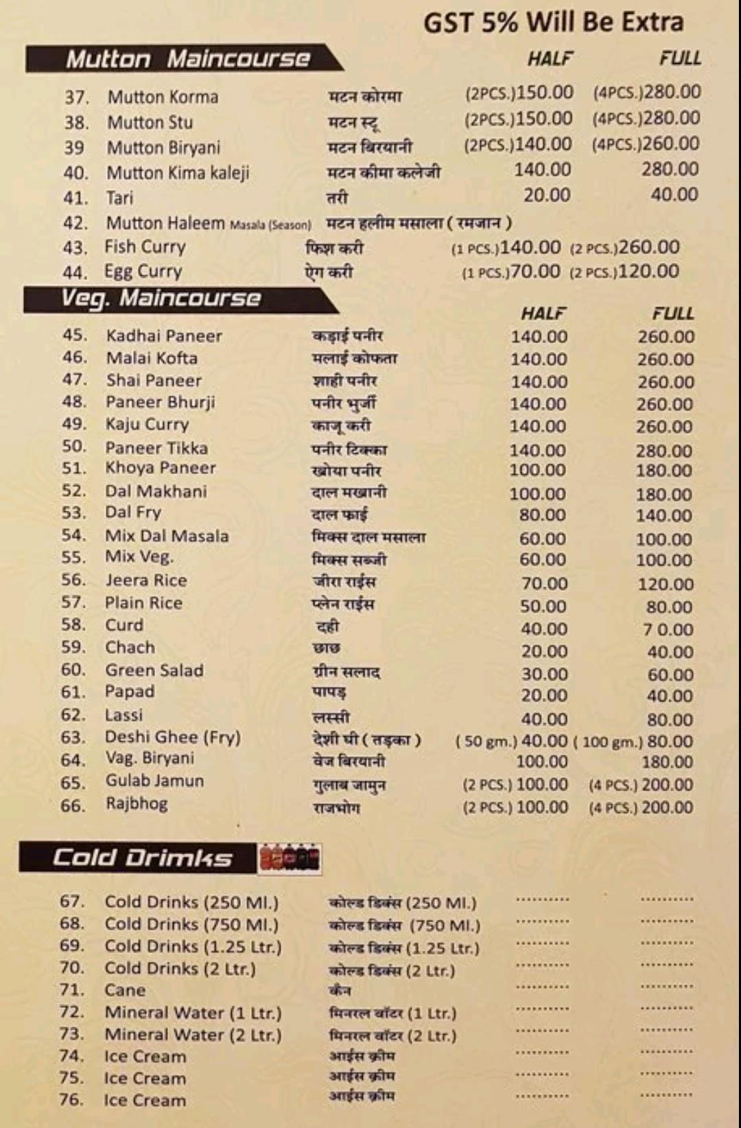 Menu at Muhammadi Palace, Jaipur, Chandpole Gate