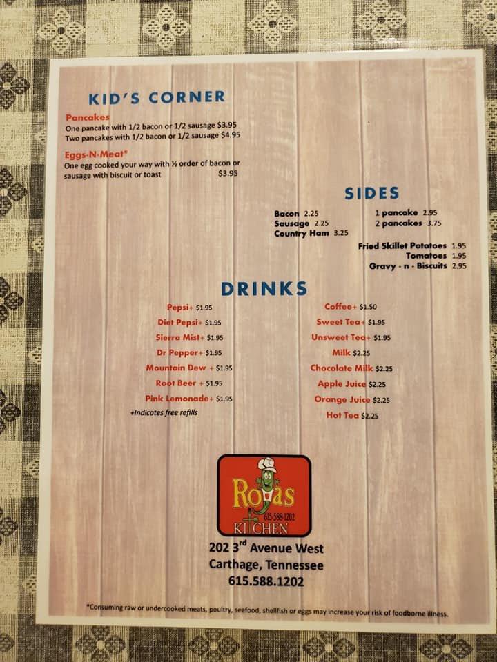 Menu at Rojas Kitchen restaurant, Carthage