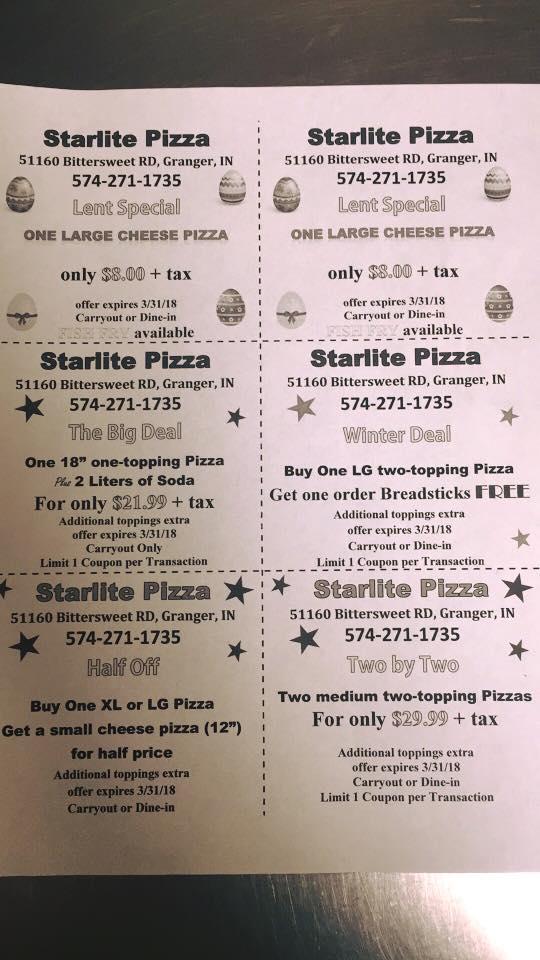 Menu at Starlite Pizza pizzeria, Granger