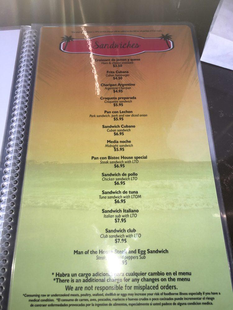 Menu at Three Palms Cuban Cafe, Miami